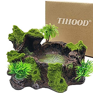 TIHOOD Plastic Reptile Tank Decor Resin Reptile Platform Artificial Tree Trunk Design Reptile Food Dish Food Bowl for Lizard, Gecko, Water Frog, Other Reptile