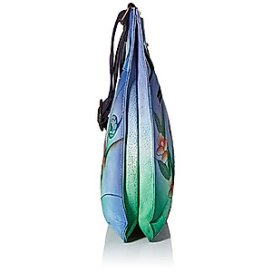 Anna by Anuschka Women's Genuine Leather Large V Top Multi-Compartment Cross Body | Hand Painted Original Artwork | Midnight Peacock