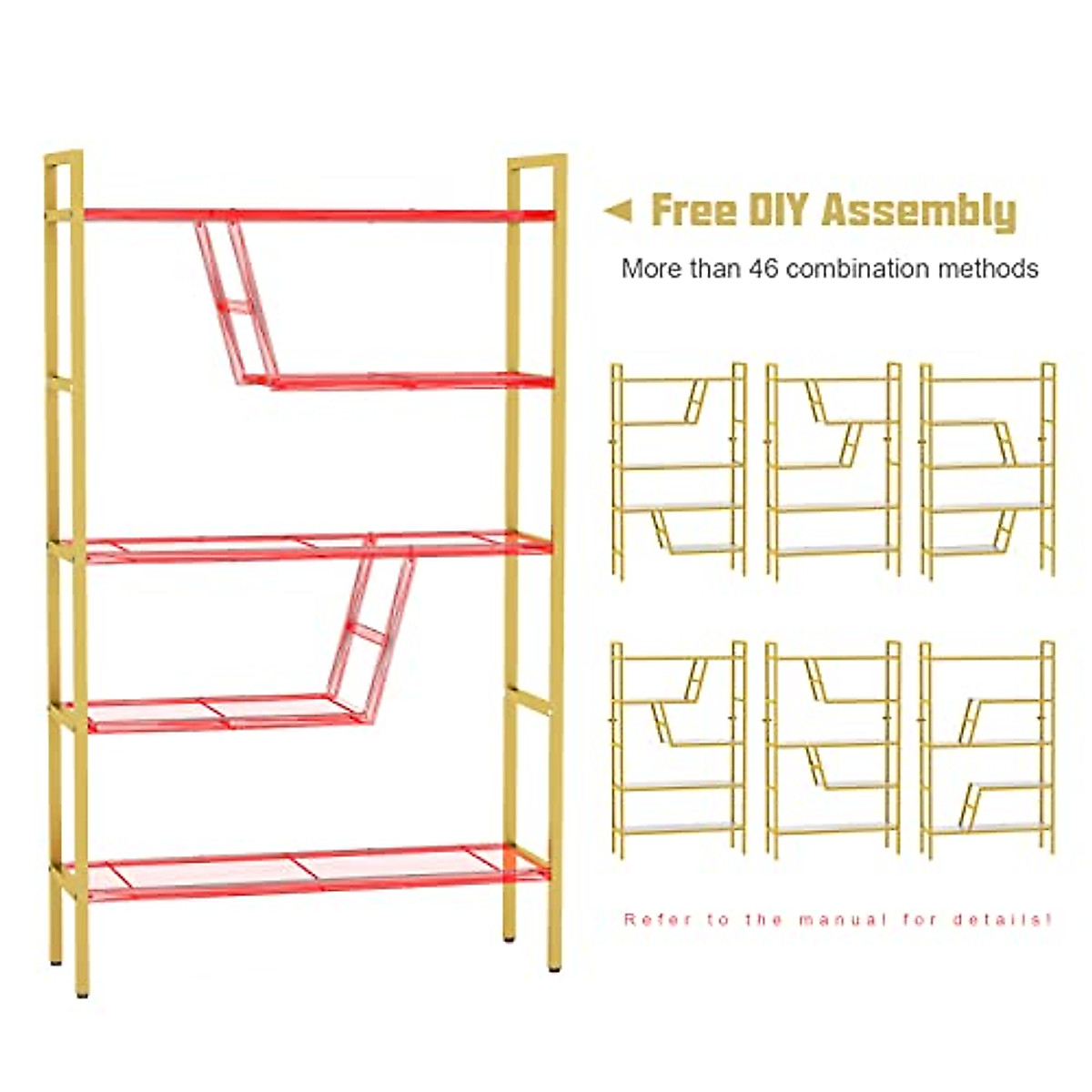 Teraves 5-Tier Adjustable Bookshelf Wood Bookcase with Metal Frame Book Shelf Organizer for Living Room/Bedroom/Study Room,46 Variants