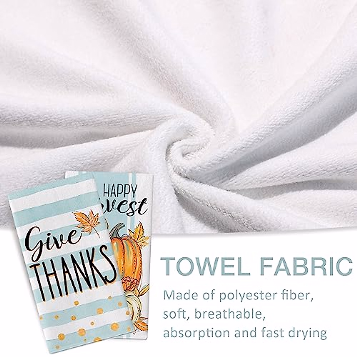 Seliem Thanksgiving Give Thanks Fall Kitchen Dish Towels Set of 2, Happy Harvest Autumn Pumpkin Hand Towels Drying Baking Cooking Cloth, Maple Leaves Stripes Farmhouse Home Kitchen Decor 18x26 Inch