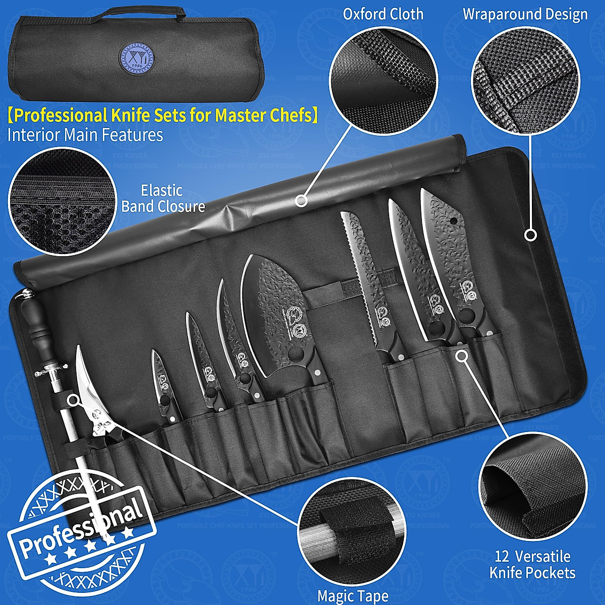 XYJ Professional Chef Knife Set with Bag Japanese Kitchen Knives Serbian Meat Cleaver for Camping Outdoor