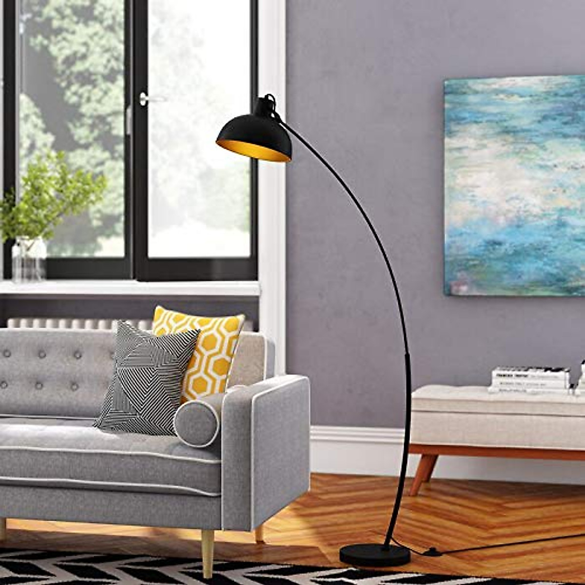 Archiology Arc Floor Lamp Black, Modern Adjustable Floor Reading Lamp with Metal Black Shade & Gold Interior for Living, Family