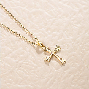 Carleen SOLID REAL 14K Yellow Gold SMALL TINY Little Cute Embossed Cross Necklace Delicate Dainty Crucifix Cross Pendant Fine Jewelry For Women, With 18" Solid Gold Cable Chain