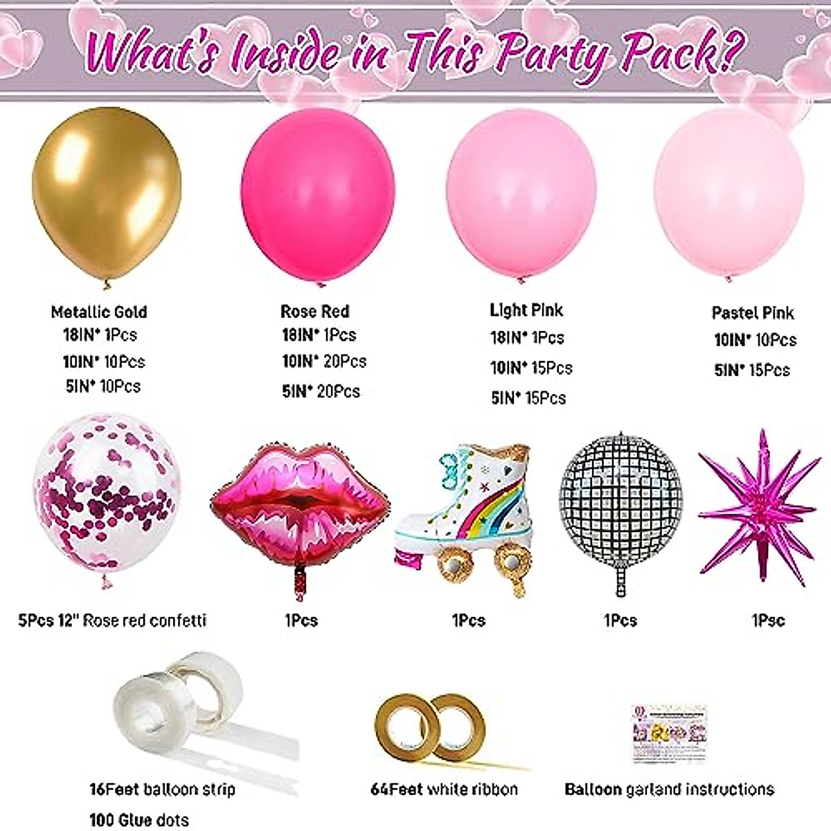 Hot Pink Balloon Garland Rose Red Pink Gold Foil Balloons Arch Kit for Baby Shower Girl Princess Themed Birthday Party Decorations