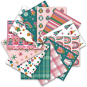 Whaline 12Pcs Christmas Cotton Fabric Bundles Xmas Tree Snowflake Gift Box Fat Quarters Pink Green Checkered Printed Sewing Fabrics for DIY Handmade Crafting, 18 x 22 Inch