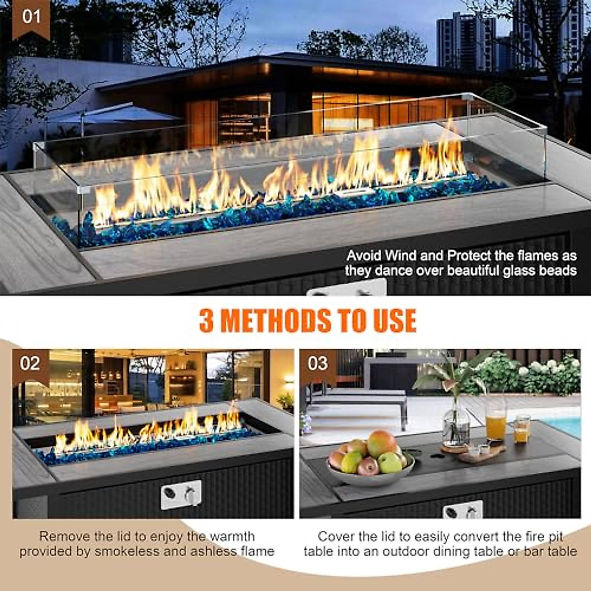 Walsunny 45 inch Outdoor Propane Fire Pit 50,000 BTU Gas Fire Pit Table with Lid, Glass Wind Guard, Waterproof Cover, Rectangle Gas Firepit Table for Garden/Patio, CSA Certification