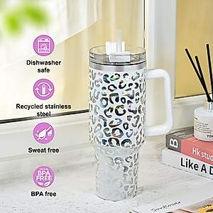 FECBK 40 oz Tumbler with Handle and Straw, 100% Leak-Proof Travel Mug, Stainless Steel Double Wall Vacuum Insulated Coffee Cup Keeps Cold For 34 Hours, Dishwasher Safe, Lavender Rose Leopard