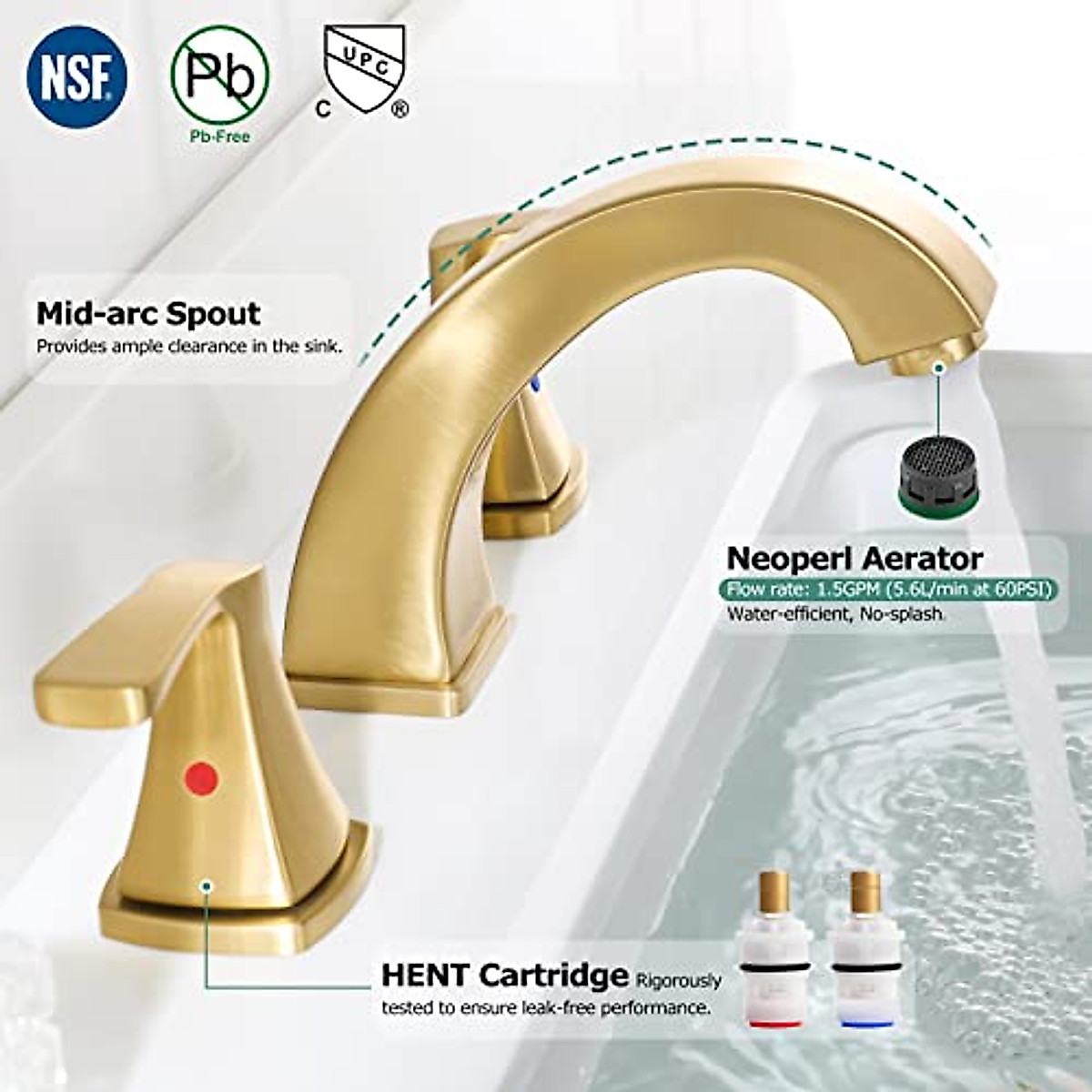PARLOS 2-Handle Widespread Bathroom Faucet with Metal Pop Up Drain and cUPC Faucet Supply Lines, Brushed Gold, Doris 1417208