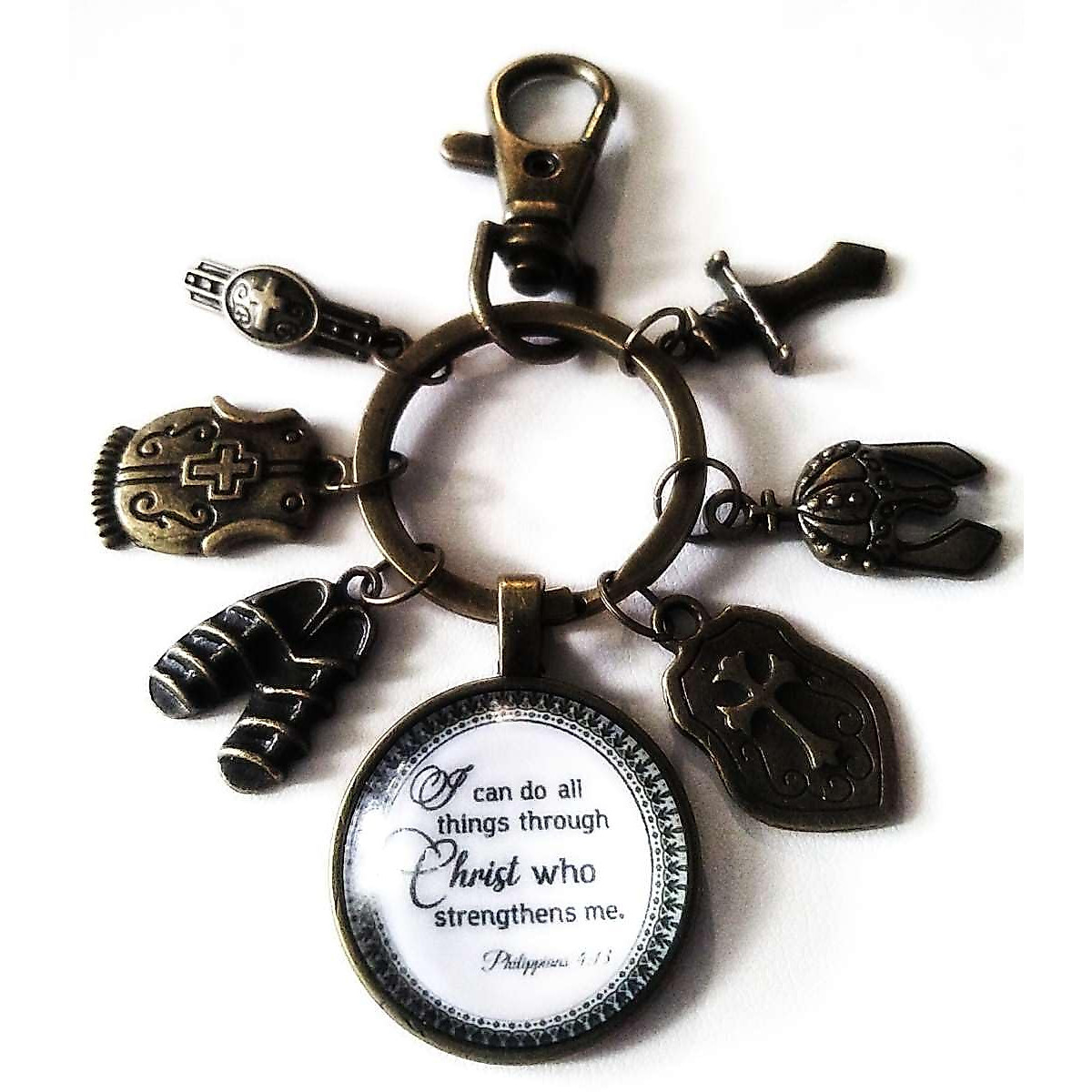 Unisex Christian Keychain, purse charm, zipper pull with I can do all things through Christ and Armor of God Tibetan Bronze Charms