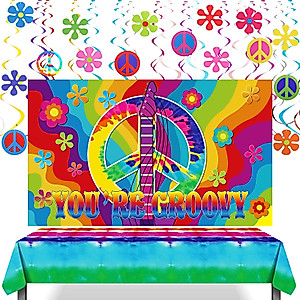 32 Pcs Tie Dye Groovy 60's Party Decorations Hippie Party Supplies Tablecloth Backdrop Include Foil Swirl Decorations Tie Dye Tablecloth and Peace Sign Hippie Backdrop Retro Party Birthday Decorations