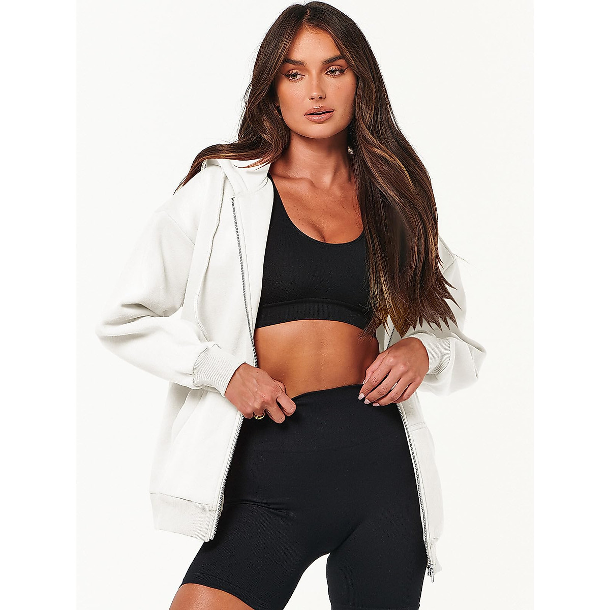 Prinbara Women's 2023 Winter Coats Casual Jacket Oversized Sweatshirts Trendy Clothes Zip Up Y2K Hoodie with Pocket White 9PA89-baise-S,JM23