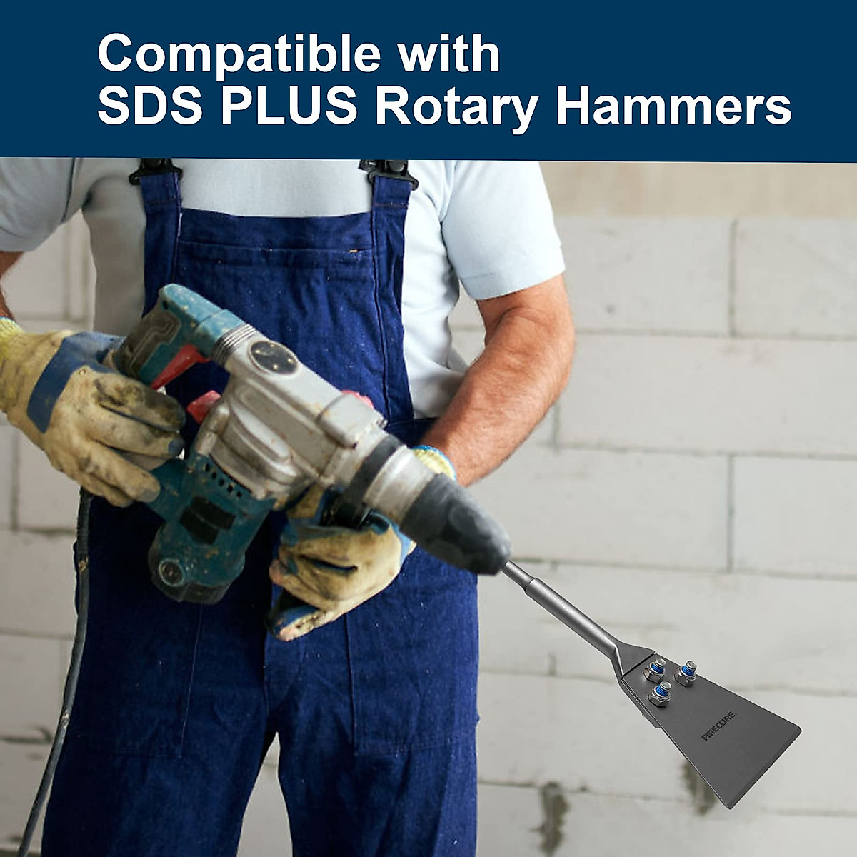 Firecore SDS Plus Floor Scraper with Spare Bolts and Locknuts, 5 Inch x 11 Inch Tile Removal Chisel Tool Long Handle Heavy Duty for Rotary Hammer Drill, Thinset Scraper Adhesives Remover FS22510