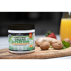 Super Greens Superfood Powder - Greens Powder with Probiotics Prebiotics Digestive Enzymes and 43 Green Superfoods - Chlorophyll Bilberry Chlorella Spirulina Grass - Tastes Amazing - 30 Servings