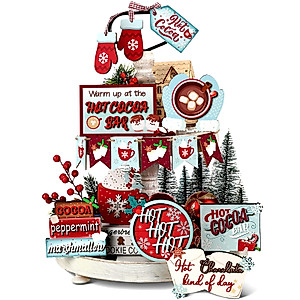 15 Pcs Christmas Tiered Tray Set with Hot Cocoa Wood Signs - Warm Winter Tabletop Decor and Centerpiece for Holiday Home Tables (Hot Cocoa)