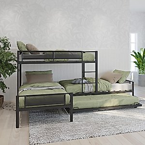 Tmsan Metal Triple Bunk Bed with Trundle for Kids, L Shaped Twin Over 2 Twin 3 Bunk Beds Heavy Duty Quad Bunk Beds for 4 Teens Adults Toddlers