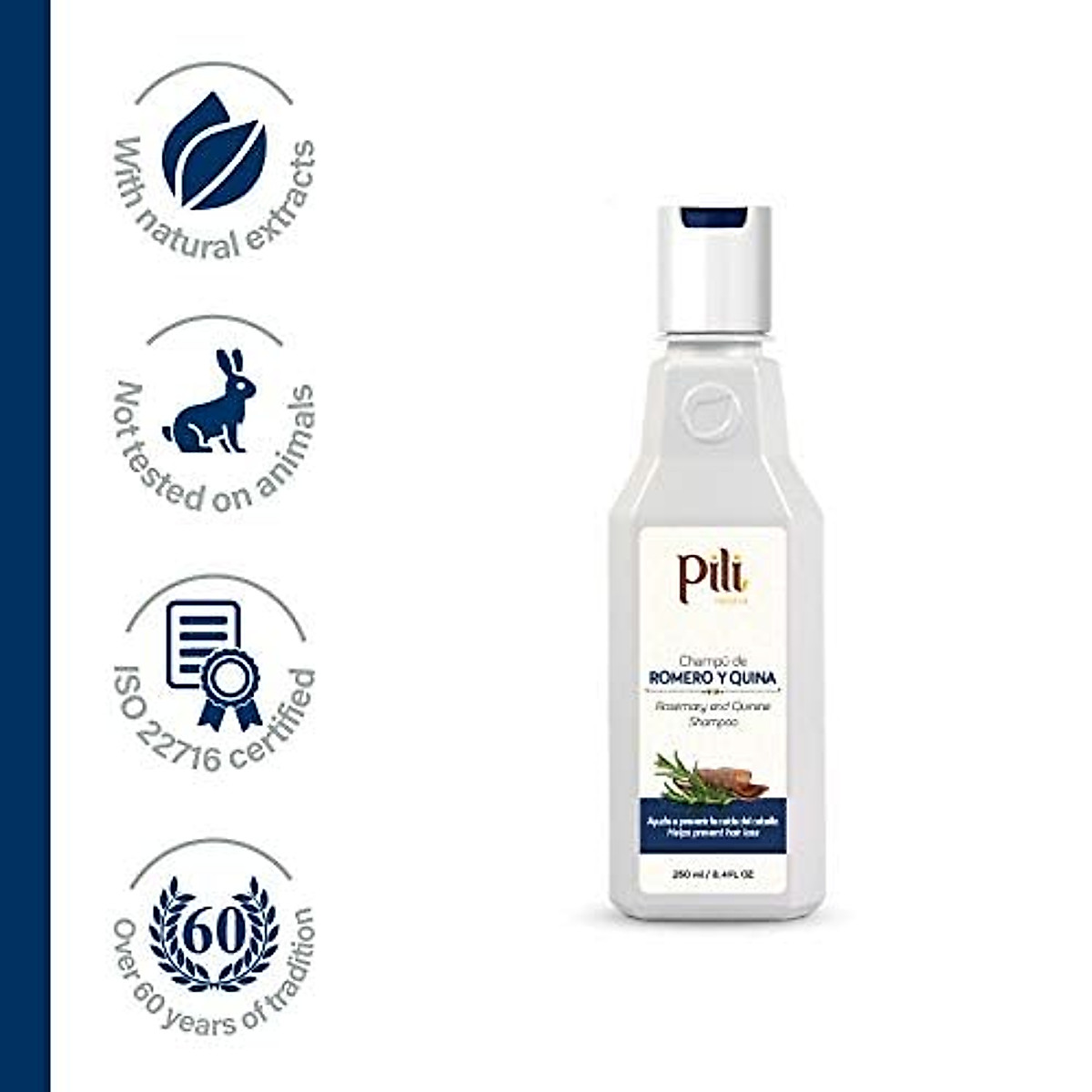 Pili Natural Rosemary and Quinine Shampoo - Strengthens Hair Follicles, Promotes Scalp Health & Hair Growth. 8.4 fl. oz.