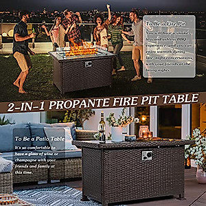 SELLERWE Propane Fire Pit Table, 44" 60,000 BTU Auto-Ignition Aluminum Rectangle Wicker Gas Fire Pits/Dining Fire Table w/Wind Guard, CSA Certification for Outdoor Patio Garden Backyard, Brown