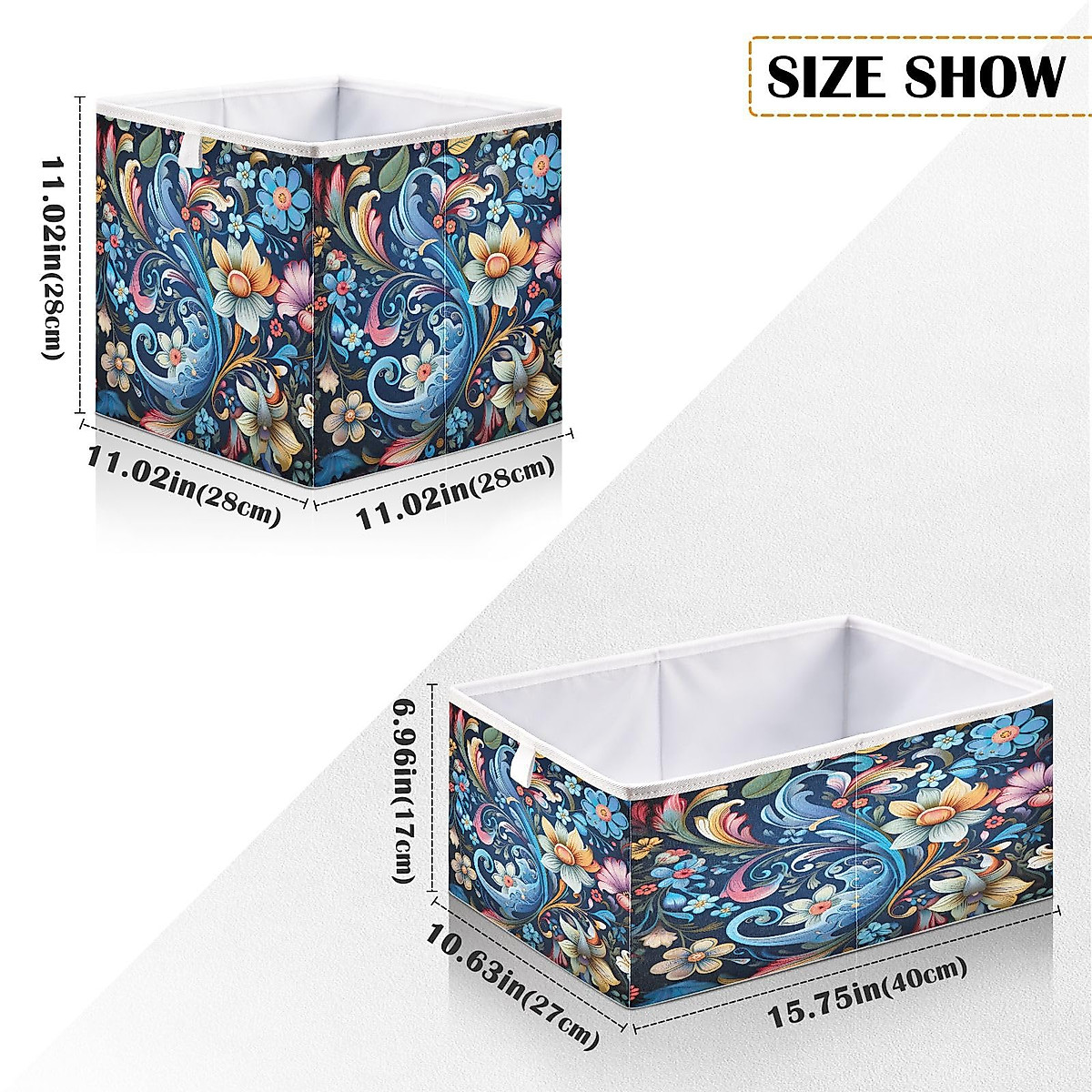 Haskirky Colorful Flowers Foldable Collapsible Storage Box Bins,11x11x11 Inch Cubes Baskets Fabric Storage Bins with Handles for Shelves Nursery Closet Home Decor
