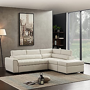 Convertible Sectional Sofa with Pull Out Bed and Adjustable Headrest , Faxu Leather Upholstered Reversible Corner Couch with Chaise and Removable Ottoman, L Shaped Tufted Sofa&Couches for Living Room
