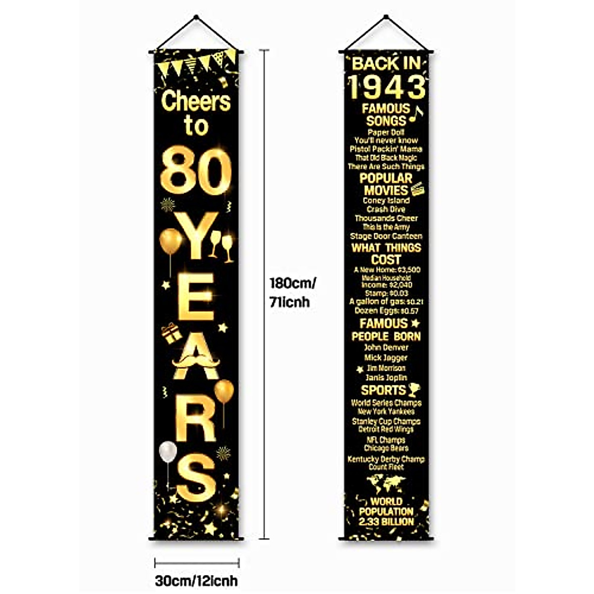 2 Pieces 80th Birthday Party Decorations Cheers to Years Banner Party Decorations Welcome Porch Sign for Years Birthday Supplies (80th-1943)