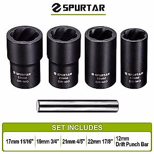 Spurtar 5 Pcs Twist Socket Set, Stripped Lug Nut Remover Wheel Lock Removal Kit Extractor Set for Removing Damaged, Dead, Rusted, Rounded-Off Bolts, Nuts & Screws-17MM,19MM, 21MM, 22MM