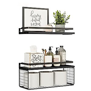 WXCGX Floating Shelves, Rustic Floating Shelves Wood Over Toilet with Paper Storage Basket, Farmhouse Wall Mounted Shelves Floating Shelf for Bathroom Bedroom Wall Decor Living Room Kitchen (Black)