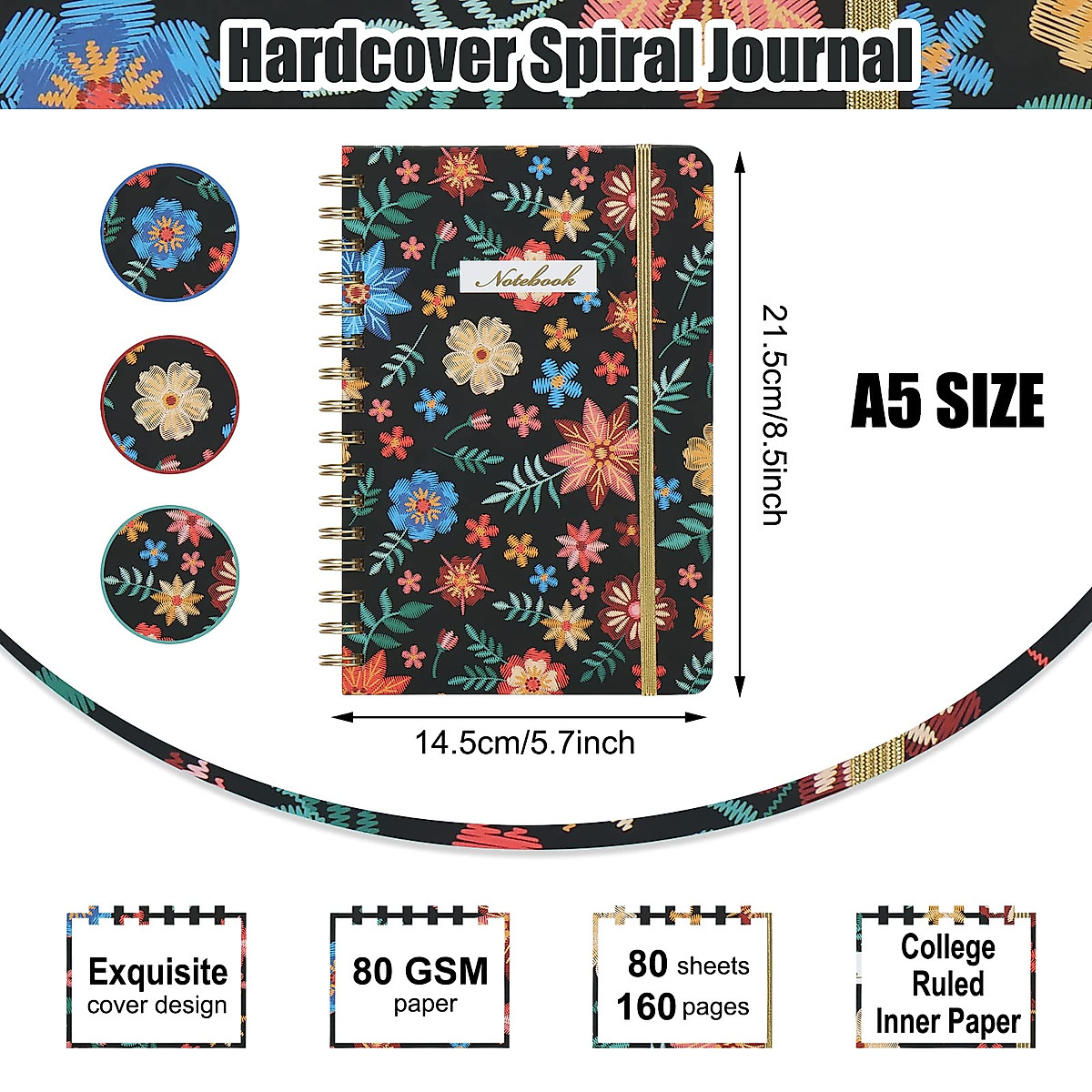 EOOUT Spiral Notebook, A5 Hardcover Spiral Journal for Women, 5.7x8.5 Inches, 160 pages, Cute Floral Notebook, Lined Journal for Gifts Office School and Work