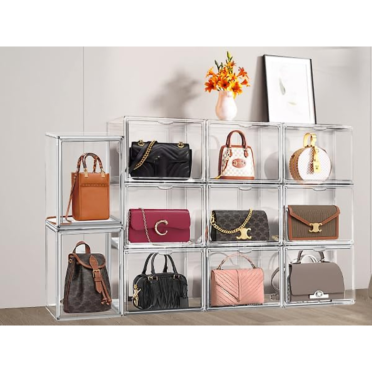 10Pack Clear Stackable Plastic Storage Bins with Magnetic Attraction Lid, Dustproof Book & Cosmetic Display Cases, Large Figures Collectibles Showcase, Shoe Box, Bag Organizer