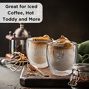 Wrenbury Mulled Wine Glasses Snowflake 7.7oz - Set of 4 Hot Toddy Mugs - Boroscilicate Double Walled Glasses - Insulated for Winter Christmas Drinks - Gluhwein Egg Nog Cups