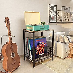 2-Tier Record Player Table, Industrial Retro Side Table Nightstand Small End Table for Living Room Bedroom Kitchen Office Small Spaces, Record Player Stand with Record Album Storage-Rustic Brown