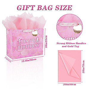 Jaywayang 12.6" Large Pink Mermaid Happy Birthday Gift Bag with Card, Tissue Paper and Tag for Kids Girls Birthday Party.