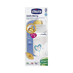 Chicco Feeding Bottle Well-Being 150ml Glass Decorated and Rubber Boy 0M +