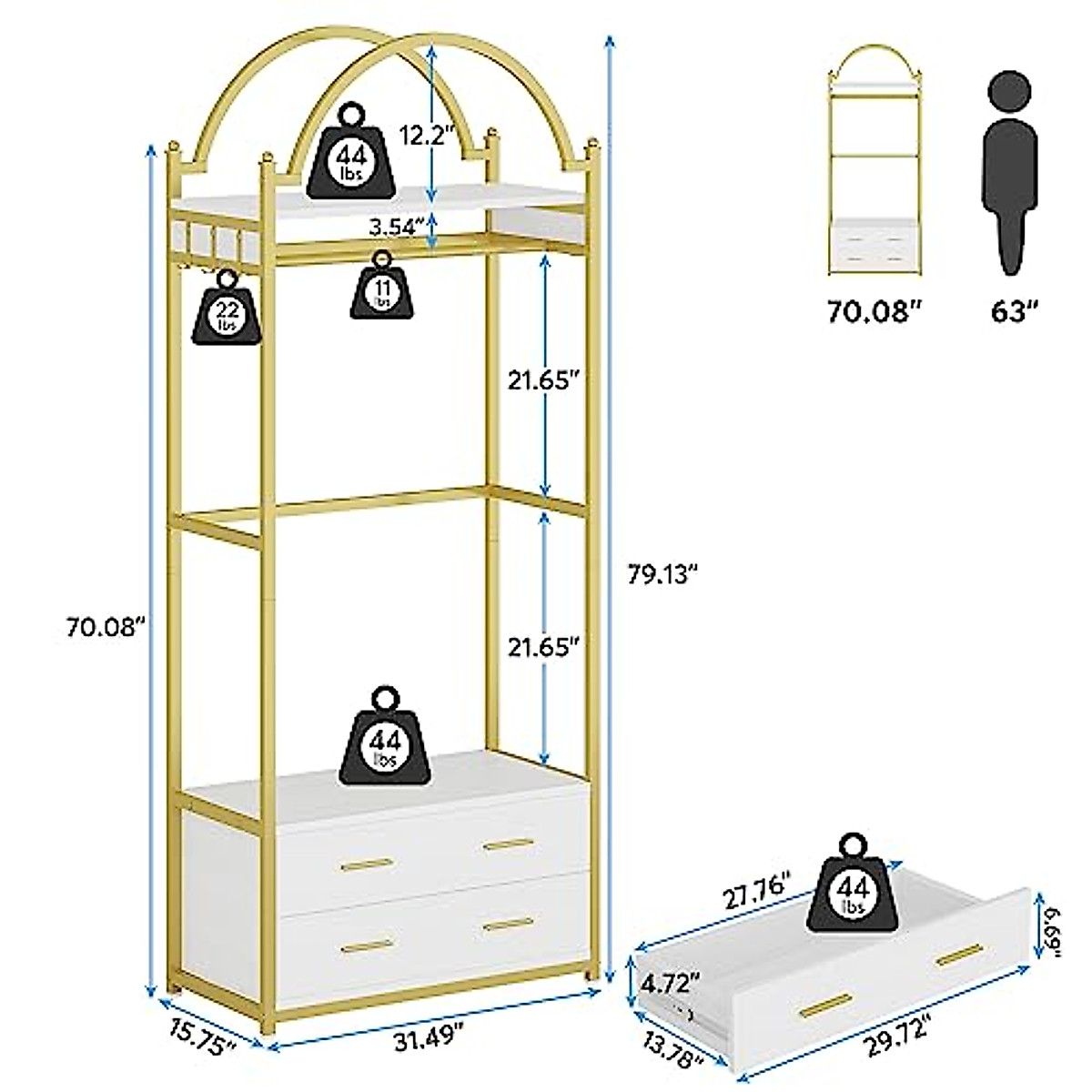LITTLE TREE Tall Clothes Rack Shelves with Shelves Drawers and Hooks, Modern Arced Closet Organizer Heavy Duty Garment Clothing Freestanding Wardrobe Storage Shelving with Hanging Rod, White Gold