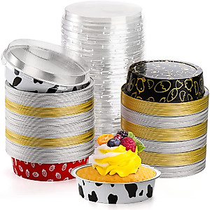 Lyellfe 60 Pack Aluminum Foil Baking Cups with Lids, 6 Oz Foil Baking Cups, Disposable Aluminum Muffin Dessert Cups for Pudding, Souffle, Creme Brulee, Ramekins, Wedding, Party and Holidays