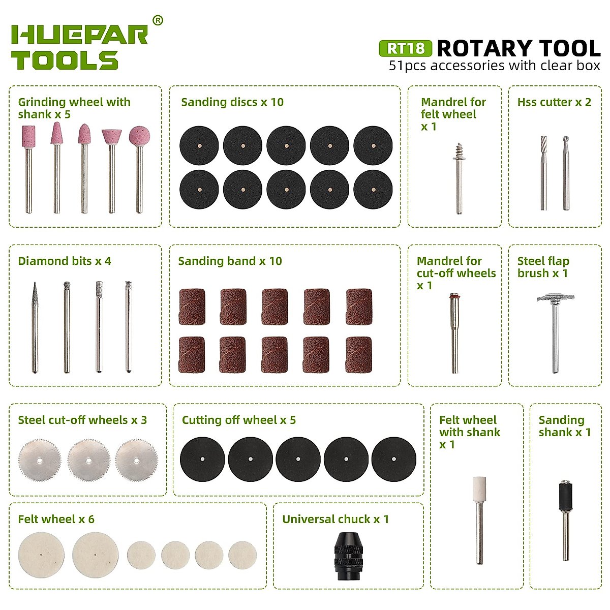 Huepar Tools Rotary Tool kit, Rotary Tool Set with Stand, 51 PCS Accessories(Keyless Chuck), 4 Variable Speed18,000RPM, Ideal for DIY, Woodwork & Hobby Craft, Dremel Compatible - RT18