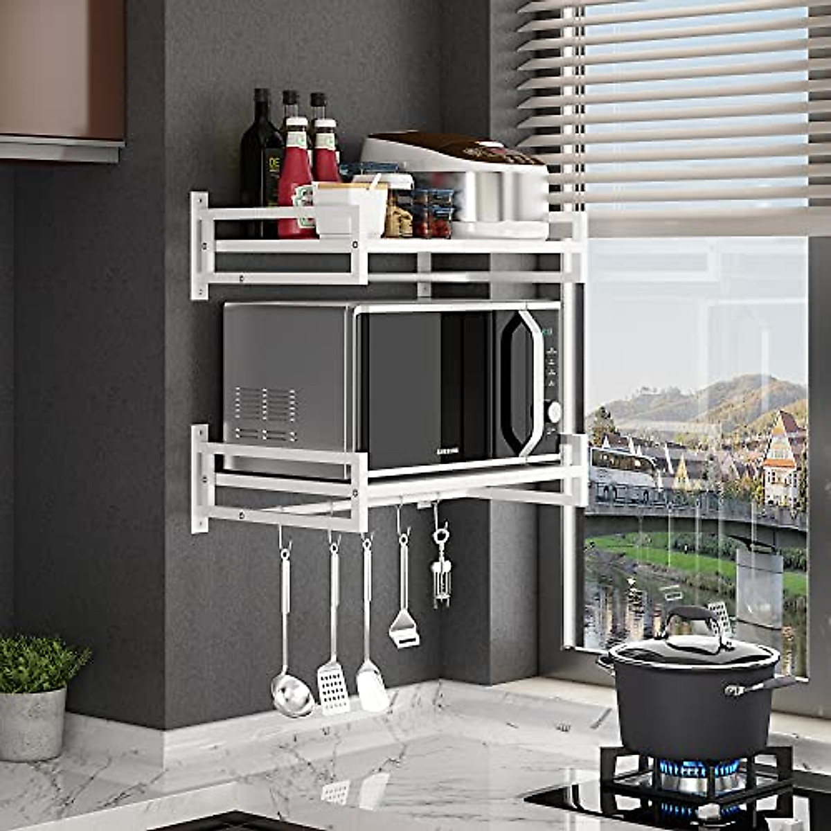 ABCOOL Wall Mount Microwave Oven Shelf Rack for Kitchen Home, Carbon Steel Counter Countertop Holder with Hook Rail and 3 Slidable Hooks