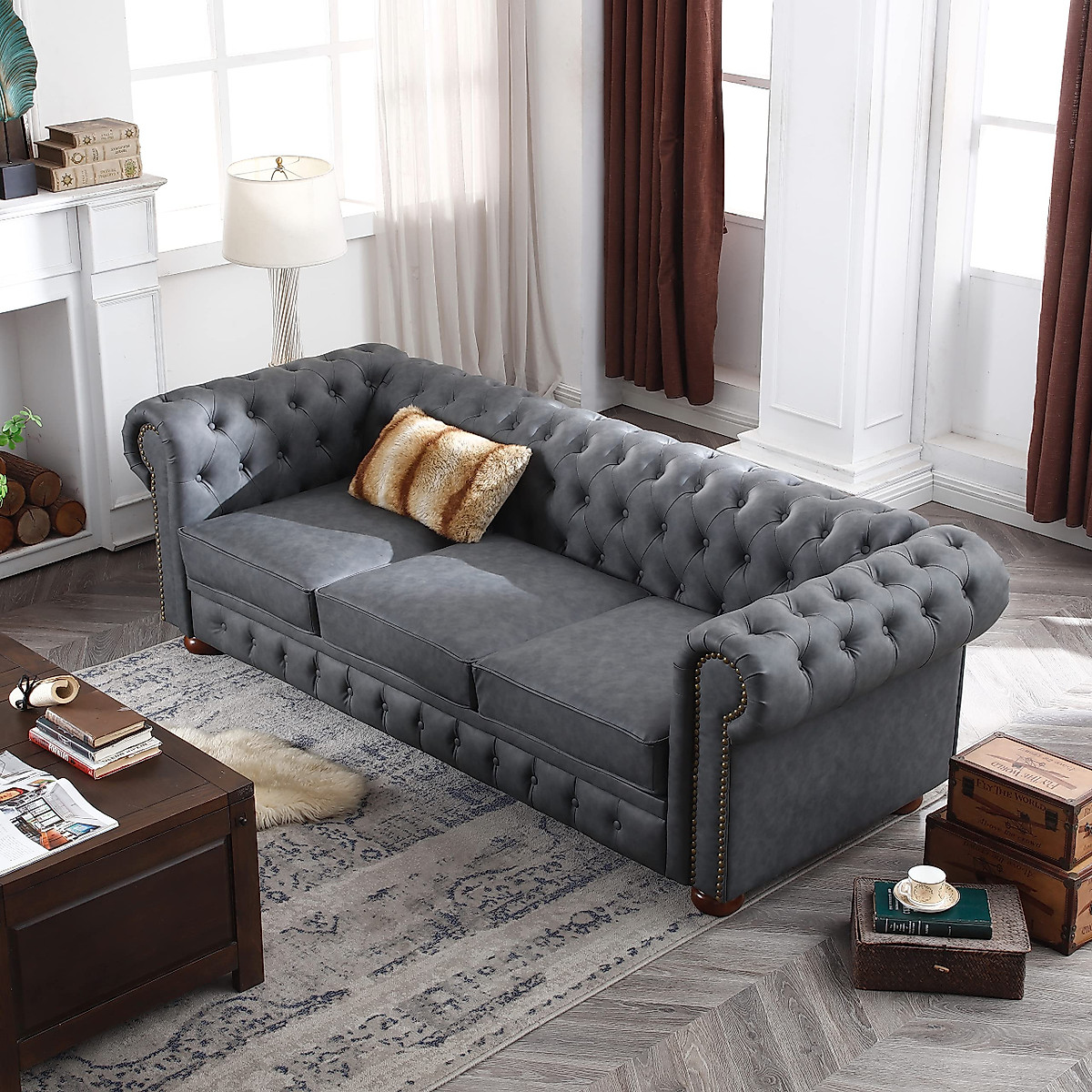 Lepfun Faux Leather Upholstered 3-Seater Living Room Button and Copper Nail on Arms, Classic Chesterfield Sofa, Dark Grey