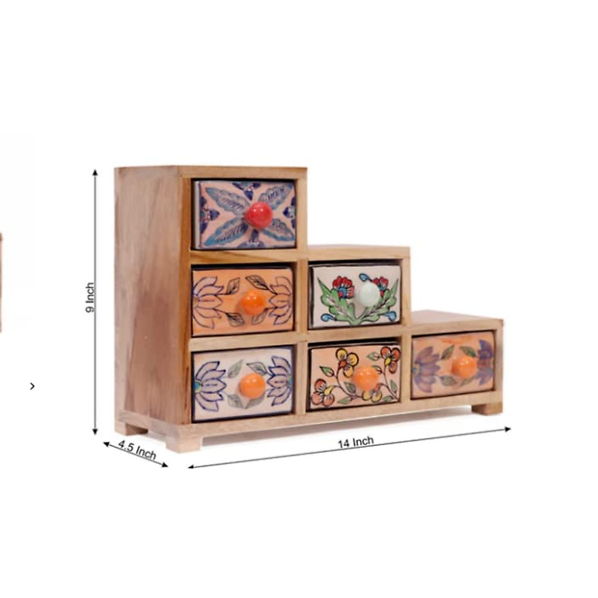 Tyagi-Export -Staircase 6 Drawer Wide Ceramic Organizer Storage Cabinet Chest of Drawers Unique Pottery Wooden Drawer Box Drawers 14 x 4.5 x 9 Inch
