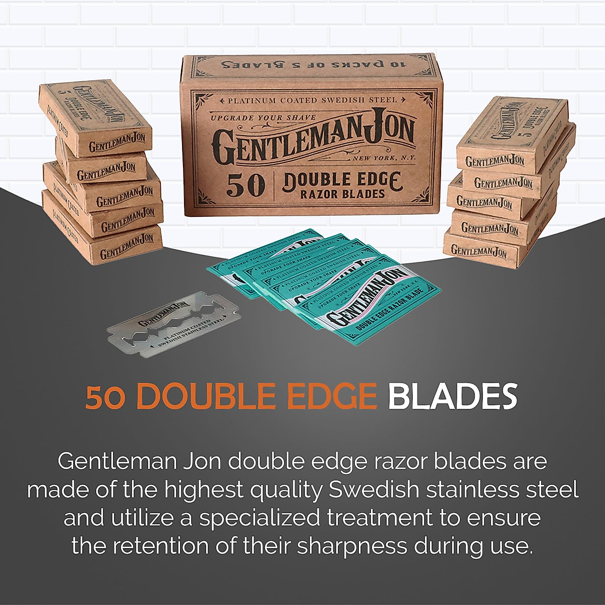 Gentleman Jon 50-Pack Platinum Double Edge Razor Blades - Premium Swedish Stainless Steel Safety Razor Blades - Platinum Coated Blades For Smooth and Comfortable Shaves - Fits Most Safety Razors