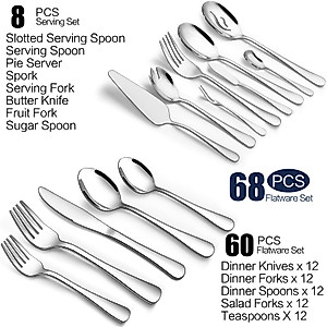 66-Piece Silverware Set with Serving Utensils, Stainless Steel Silverware Flatware Set for 12, Elegant Cutlery Tableware Includes Fork Spoon Knife, Mirror Polished, Dishwasher Safe