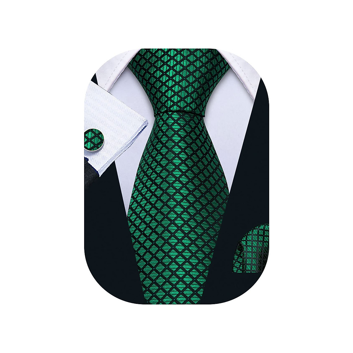 Barry.Wang Mens Ties Silk Tie Pocket Square Cufflinks Set Woven Designer Emerald Green
