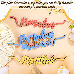 12 Pcs Ramadan Mubarak Wood Cutouts Ramadan Plate Sign Ramadan Kareem Wooden Word Cutouts Eid Mubarak Decorations for Islamic Muslim Home Table Plate Decoration (Vivid Style)