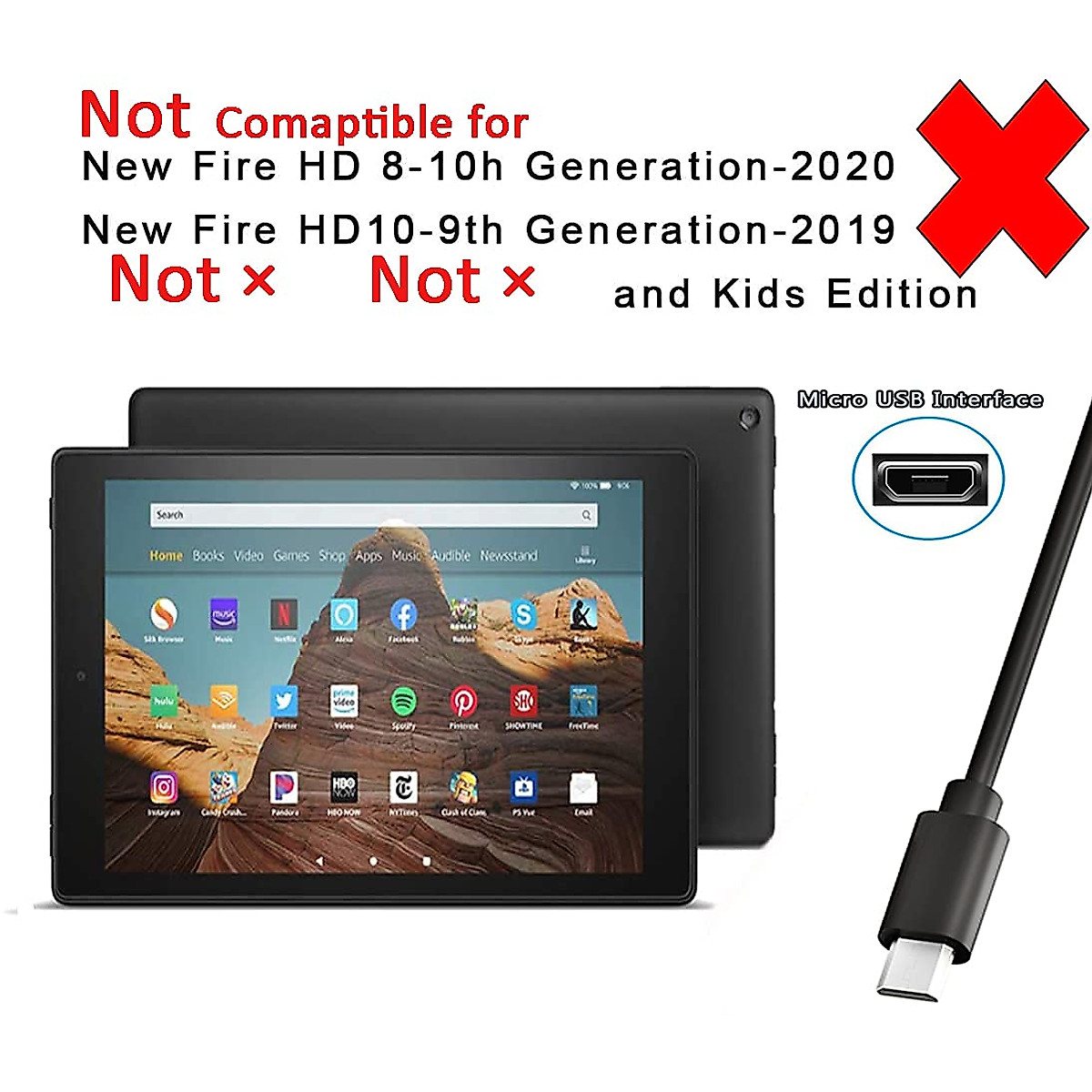 10Ft Micro USB Cable for Charging Fire HD 6 7 8 10 Tablet and Fire HD6 7 8 10 Kids Edition,Kindle Fire HD, HDX 6" 7" 8.9"(Fire 1st-8th Gen),Kindle E-Reader,Paperwhite,Oasis,Voyage,(3rd-10th Gen)-2Pack