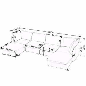 Merax 136.6" Large U-Shape L-Shape Sectional Sofa with 2 Chaise and Removable Ottomans for Living Room,Beige
