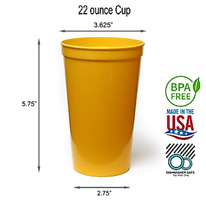 Rolling Sands 22 Ounce Reusable Plastic Stadium Cups Yellow, 8 Pack, Made in USA, BPA-Free Dishwasher Safe Plastic Tumblers