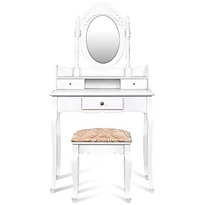 Giantex Vanity Set Makeup Dressing Table with Mirror, White Vanity Tables for Bedroom Bathroom Large Dress Table Vanity Desk with Padded Bench Chair, Vanities with Stool
