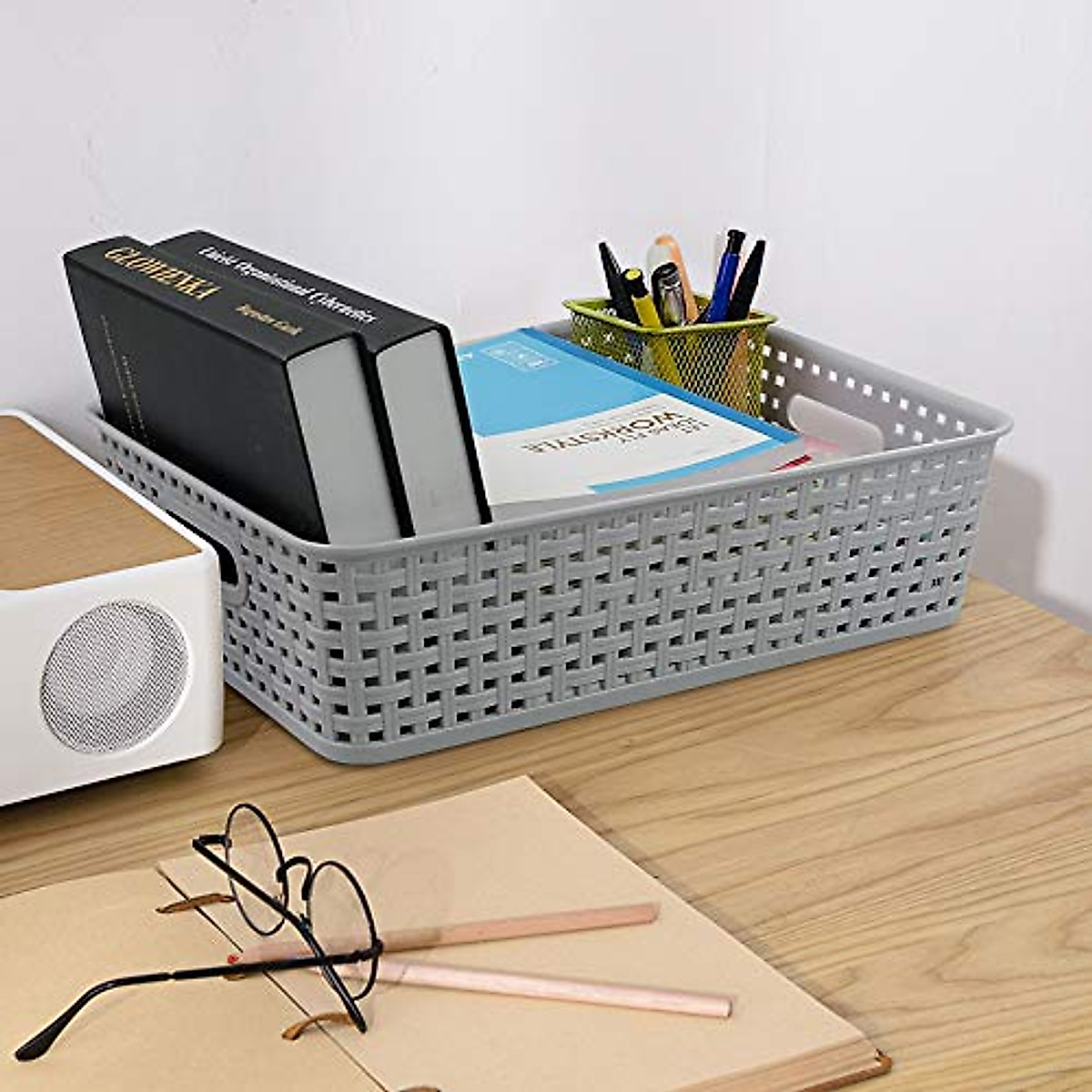 Dehouse Rectangular Plastic Storage Baskets Tray, Grey, Set of 4