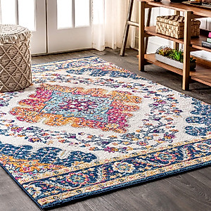 JONATHAN Y BMF106A-8 Bohemian Flair Boho Vintage Medallion Blue/Multi 8 ft. x 10 ft. Area-Rug, Vintage, Easy-Cleaning, for Bedroom, Kitchen, Living Room, Non Shedding