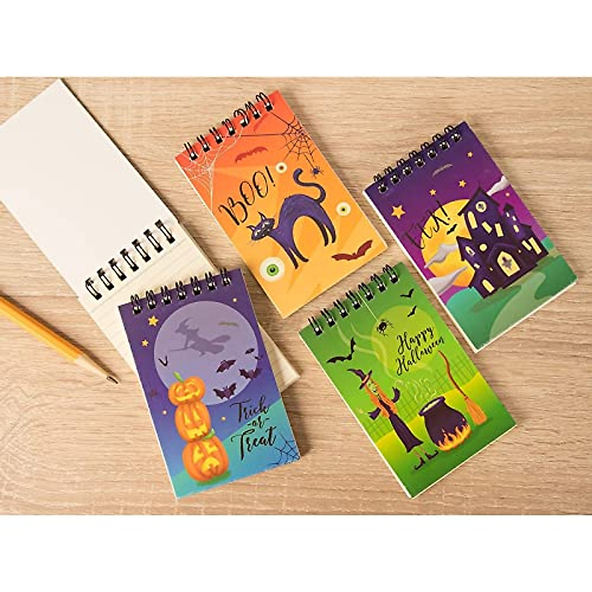 Spiral Notepad - 24-Pack Top Bound Notebooks, Bulk Mini Spiral Notepads for Notes, to-do Lists, Kids Halloween Party Favors, Trick-or Treating, Lined Paper, 4 Halloween Designs, 2.75 x 4.25 Inches