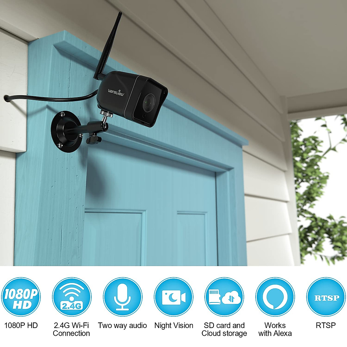 Outdoor Security Camera, wansview 1080P Wireless WiFi IP66 Waterproof Surveillance Home Camera with Motion Detection, 2 Way Audio, Night Vision, SD Card Storage and Works with Alexa W6 (Black)